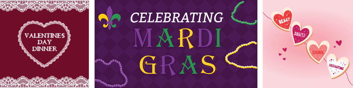 Promo banner for Mardi Gras and Valentine's Day events